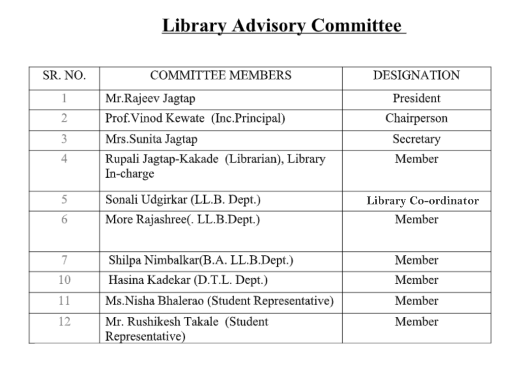 Library Advisory Committee | Abhinav Education Society's College of Law